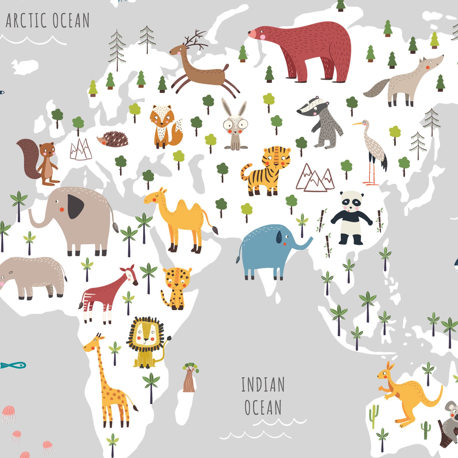 Grey Animal World Map for Kids Wildlife World Map Print Map - Etsy