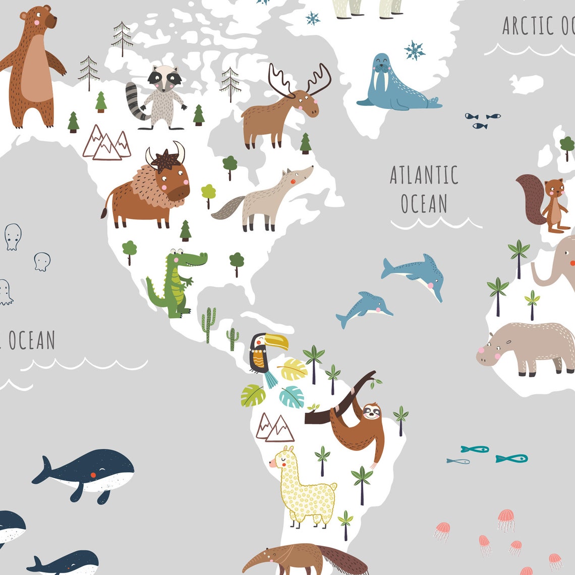 Grey Animal World Map for Kids Wildlife World Map Print Map - Etsy