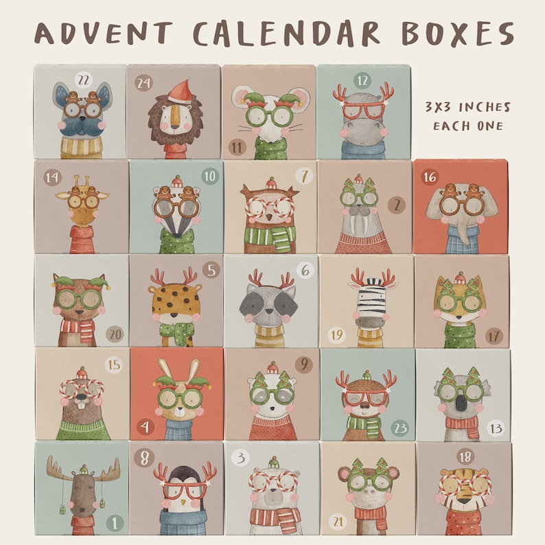 Printable Animal Advent Calendar Boxes, DIY Christmas Countdown (3x3 ...