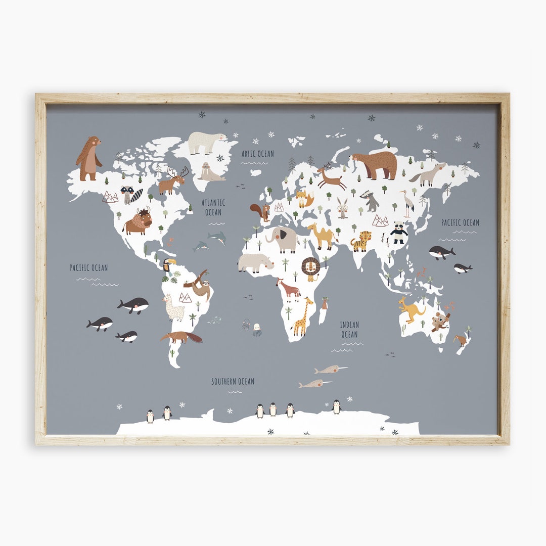 Blue World Map With Animals Print for Kids Room, Map Wall Art for ...