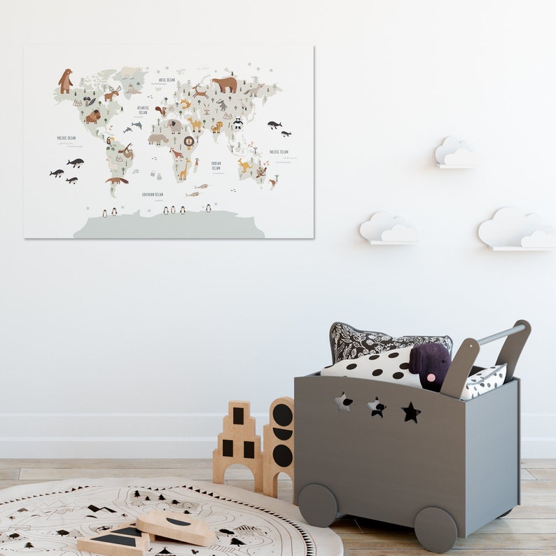 Kids World Map Printable Gender Neutral Map With Animals - Etsy