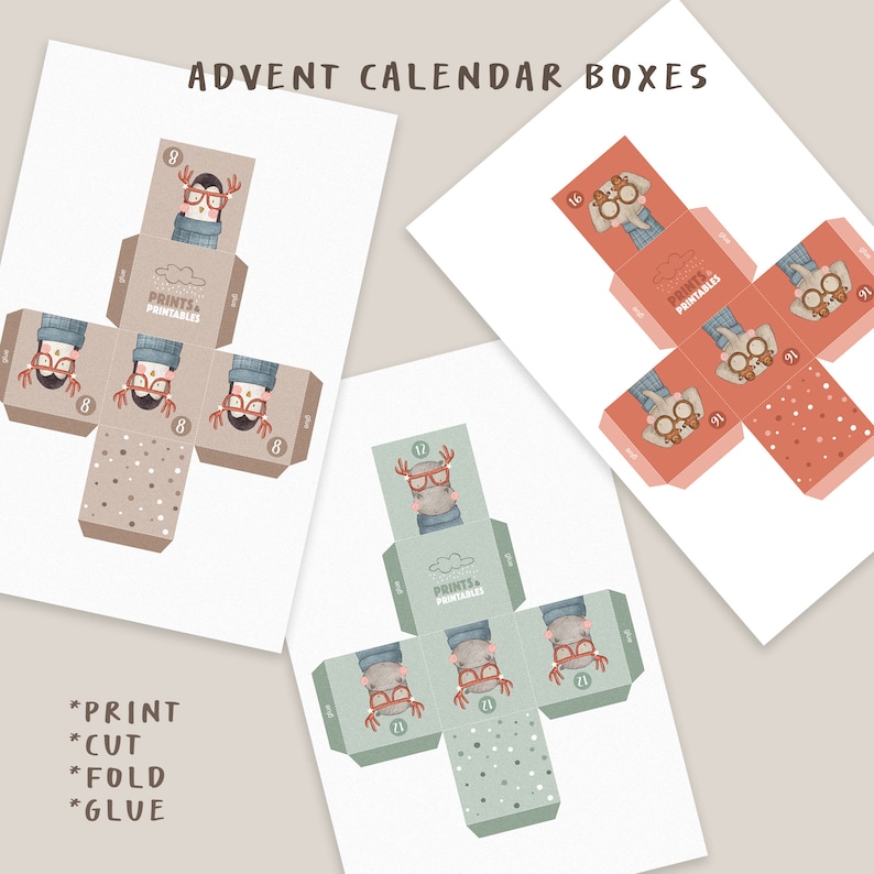 Printable Animal Advent Calendar Boxes, DIY Christmas Countdown (2.5x2 ...