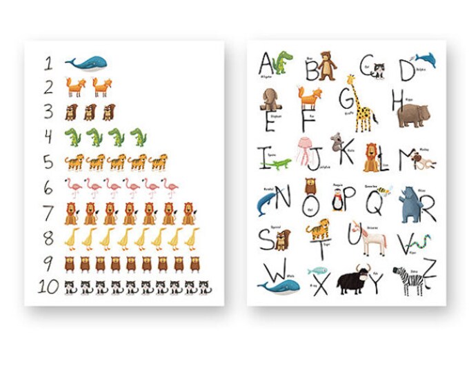 Printable Alphabet and Numbers Set With Animals / Pdf File / - Etsy