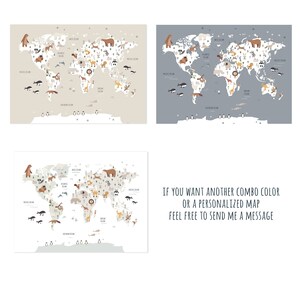 Blue World Map With Animals Print for Kids Room, Map Wall Art for ...