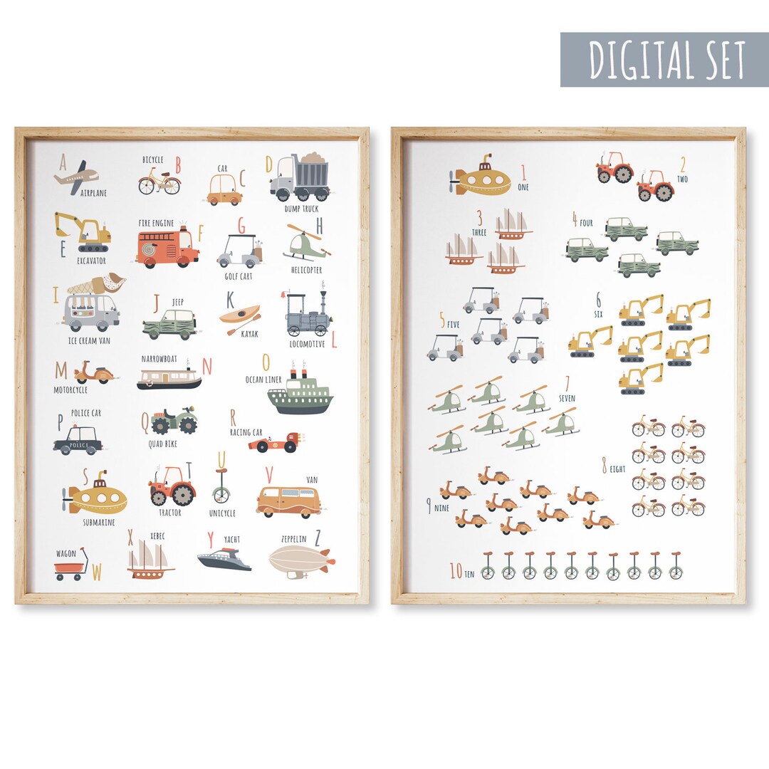 Transportation Printable Set, Car Themed Printable Set, ABC and 123 ...