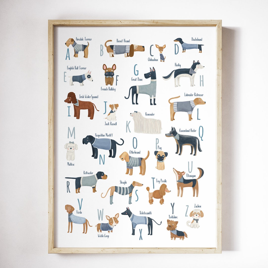 Printable Dog Blue Alphabet for a Dog Lover, Dog Alphabet Poster, ABC ...