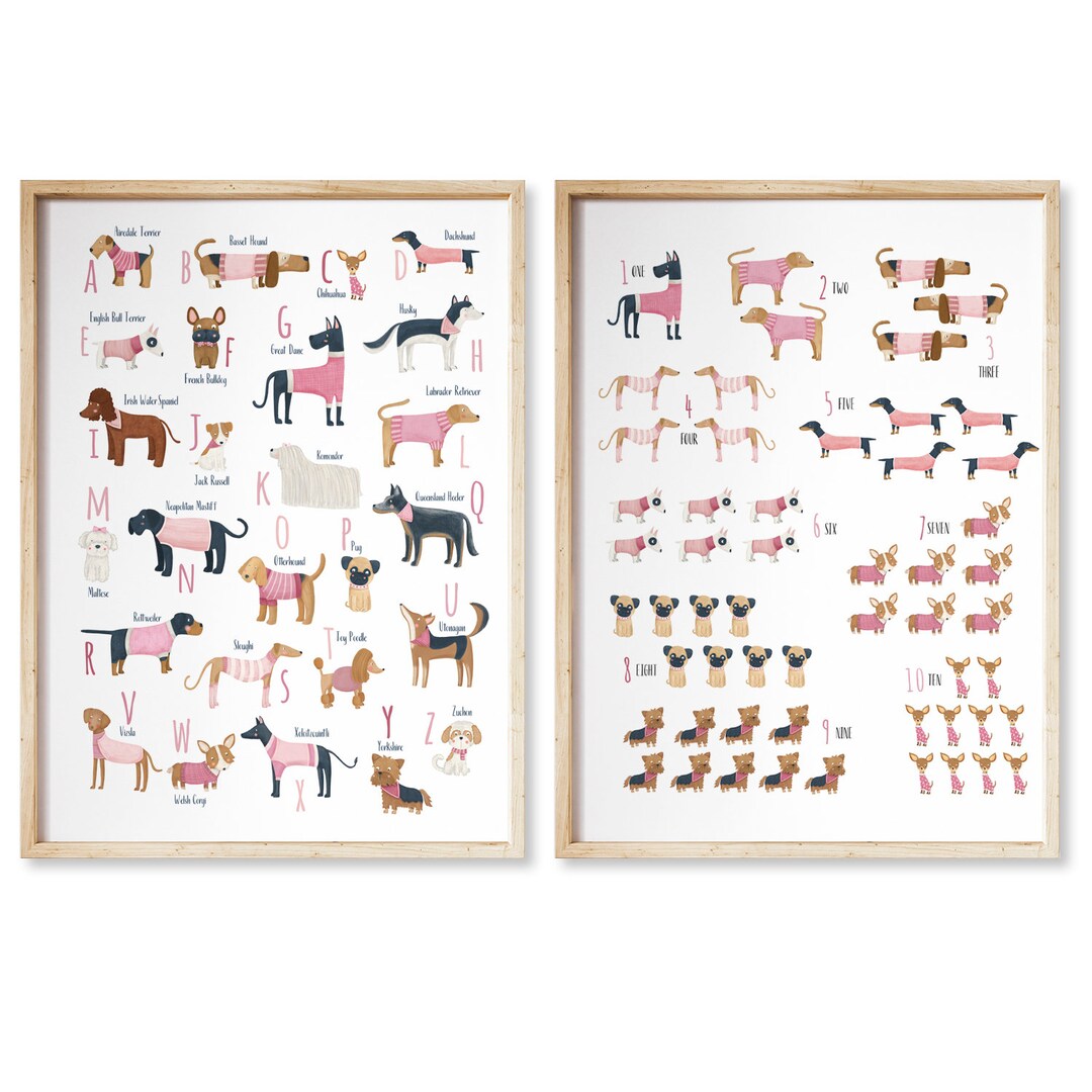 Printable Dogs Alphabet and Numbers Set for a Dog Lover, Pink Dog ...