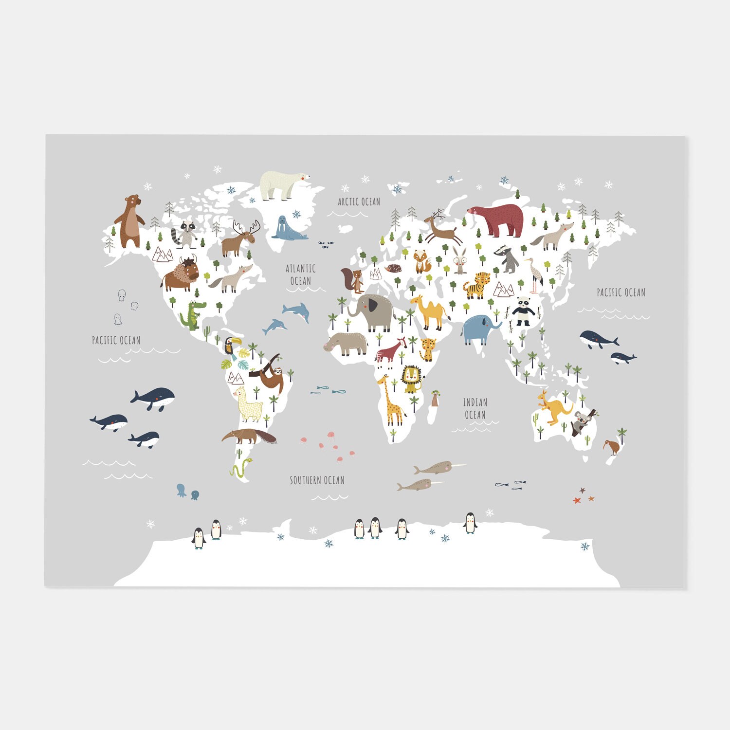 Wildlife World Map Printable Map Art World kids room decor | Etsy