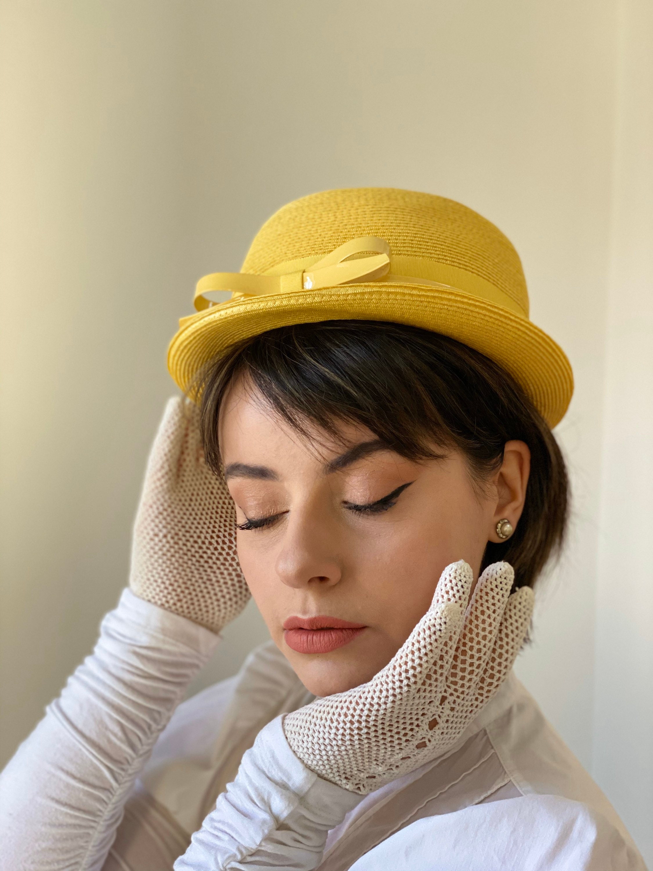Vintage 60s Yellow Straw Bowler Hat - Etsy