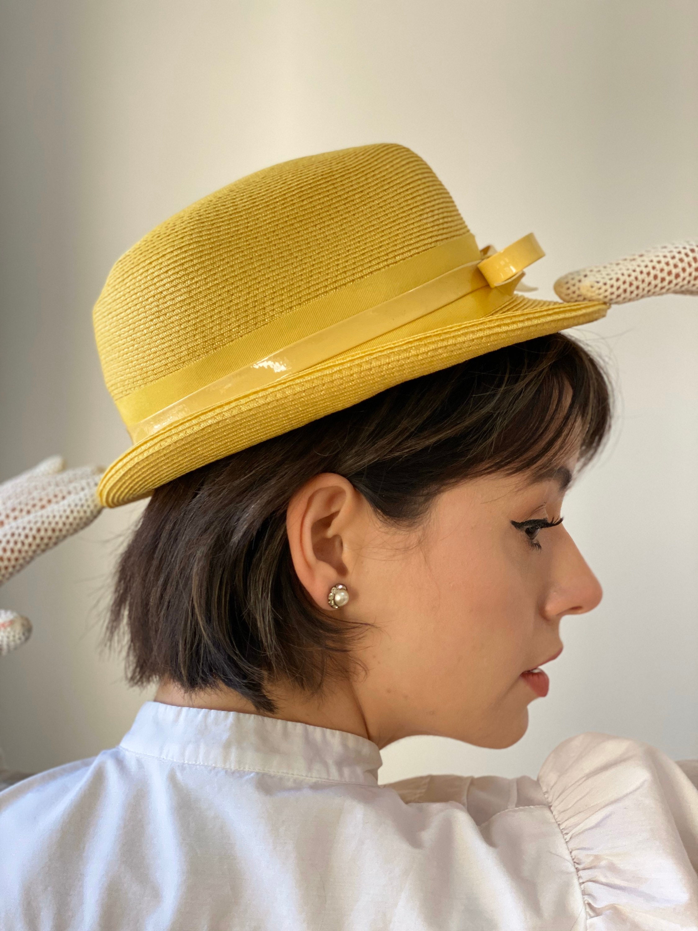 Vintage 60s Yellow Straw Bowler Hat - Etsy