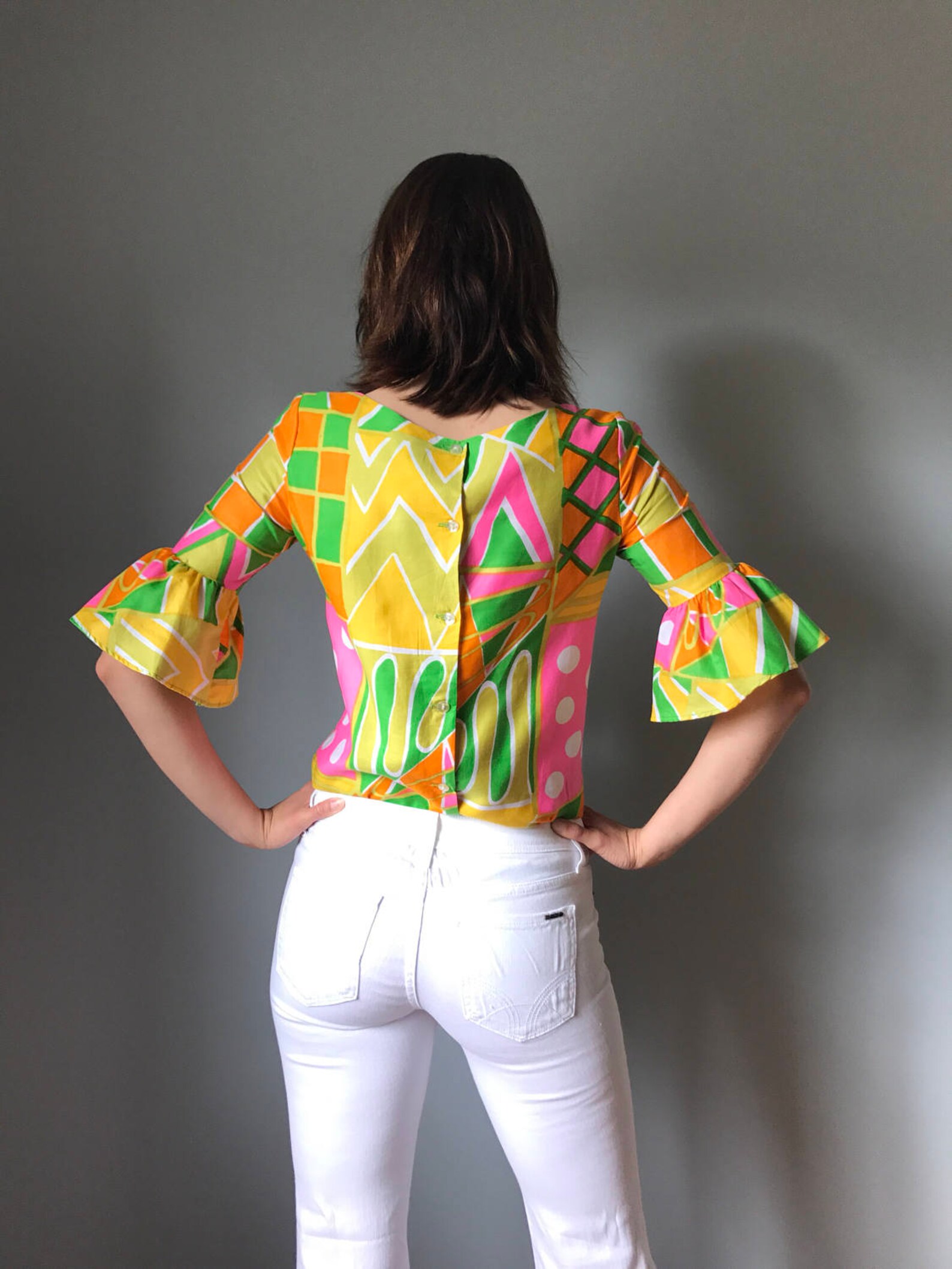 Vintage 60s Op Art Ruffle Sleeve Top - Etsy