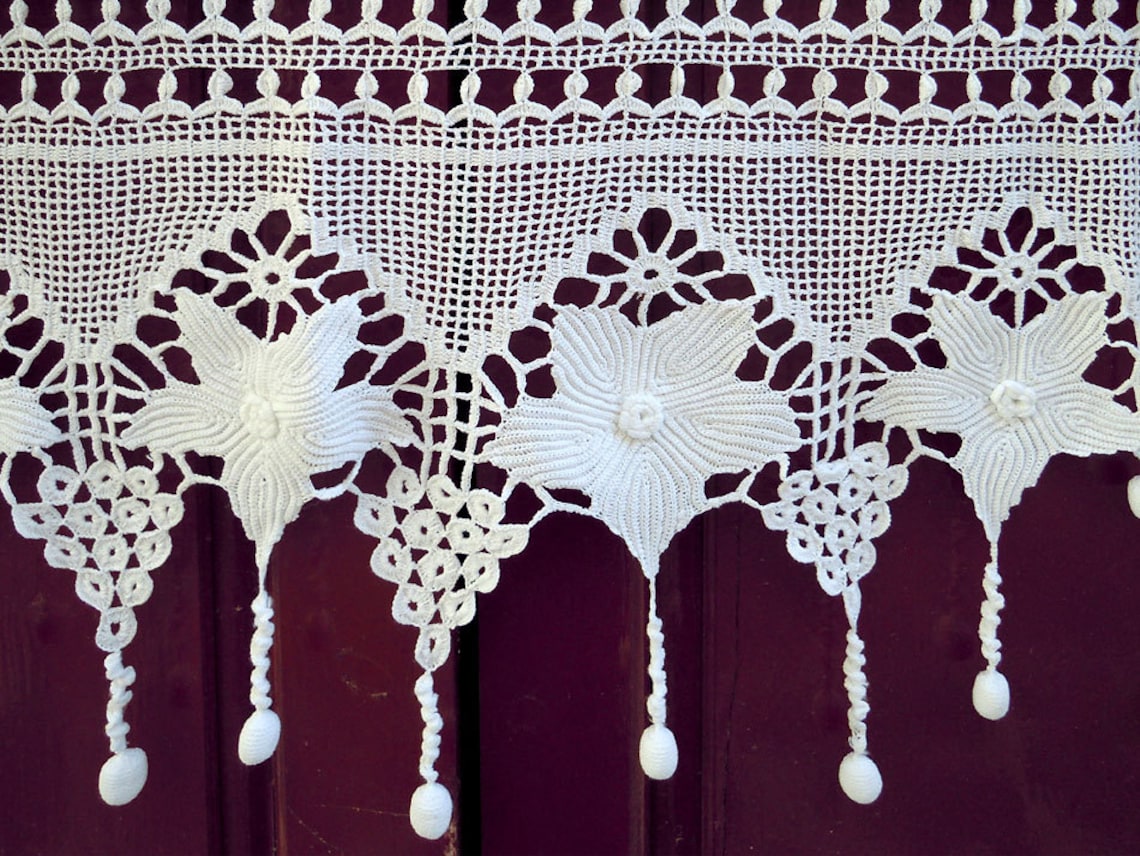 Handmade Crochet Curtain With Lace-flowers Design With Tassels-cottage ...
