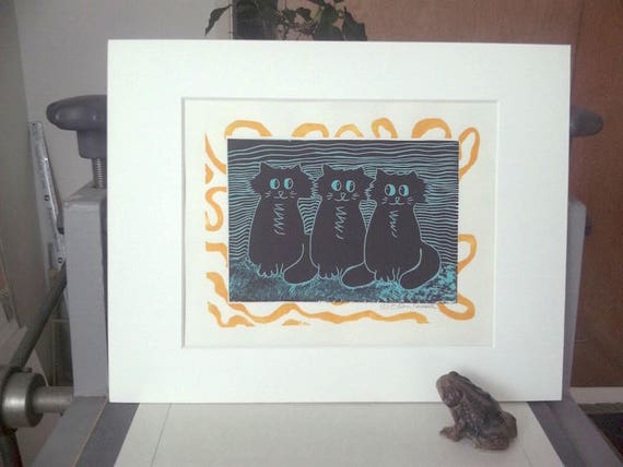 Cat Print Black Cats Linoleum Print Whimsical Art - Etsy
