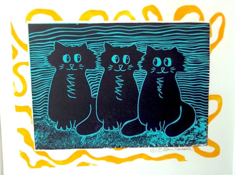 Cat Print, Black Cats, Linoleum Print, Whimsical Art - Etsy