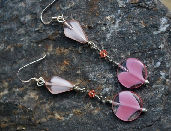 Items similar to Charming Pink Antique Glass Bead Dangle Earrings on Etsy
