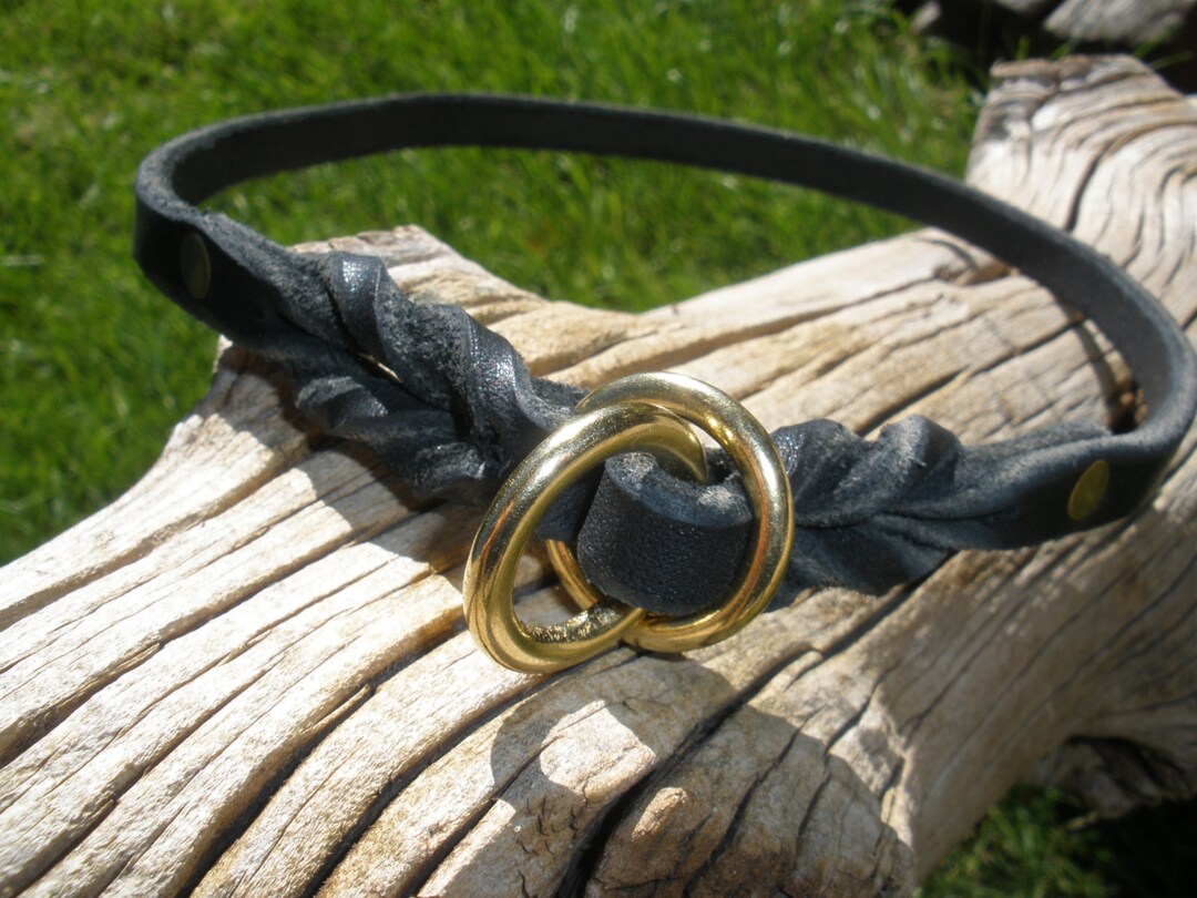 Leather SLIP Collar, 3/8" X 15", BLACK, Solid Brass Rings & Rivets ...