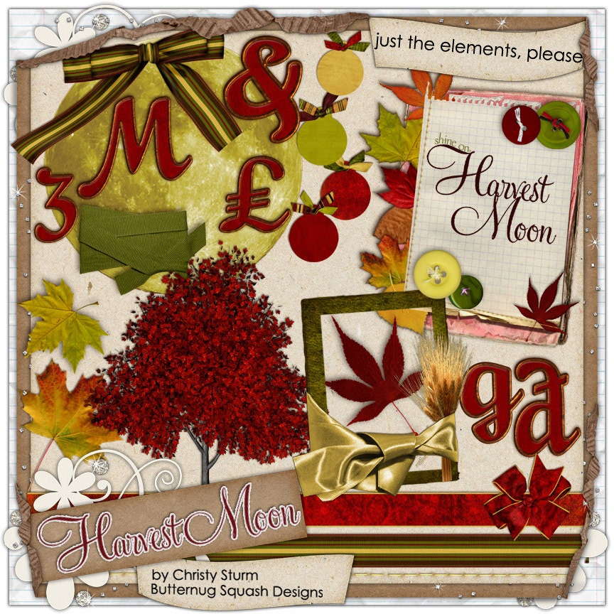 Harvest Moon Fall Autumn Digital Scrapbooking Kit Red Gold Green Leaves ...