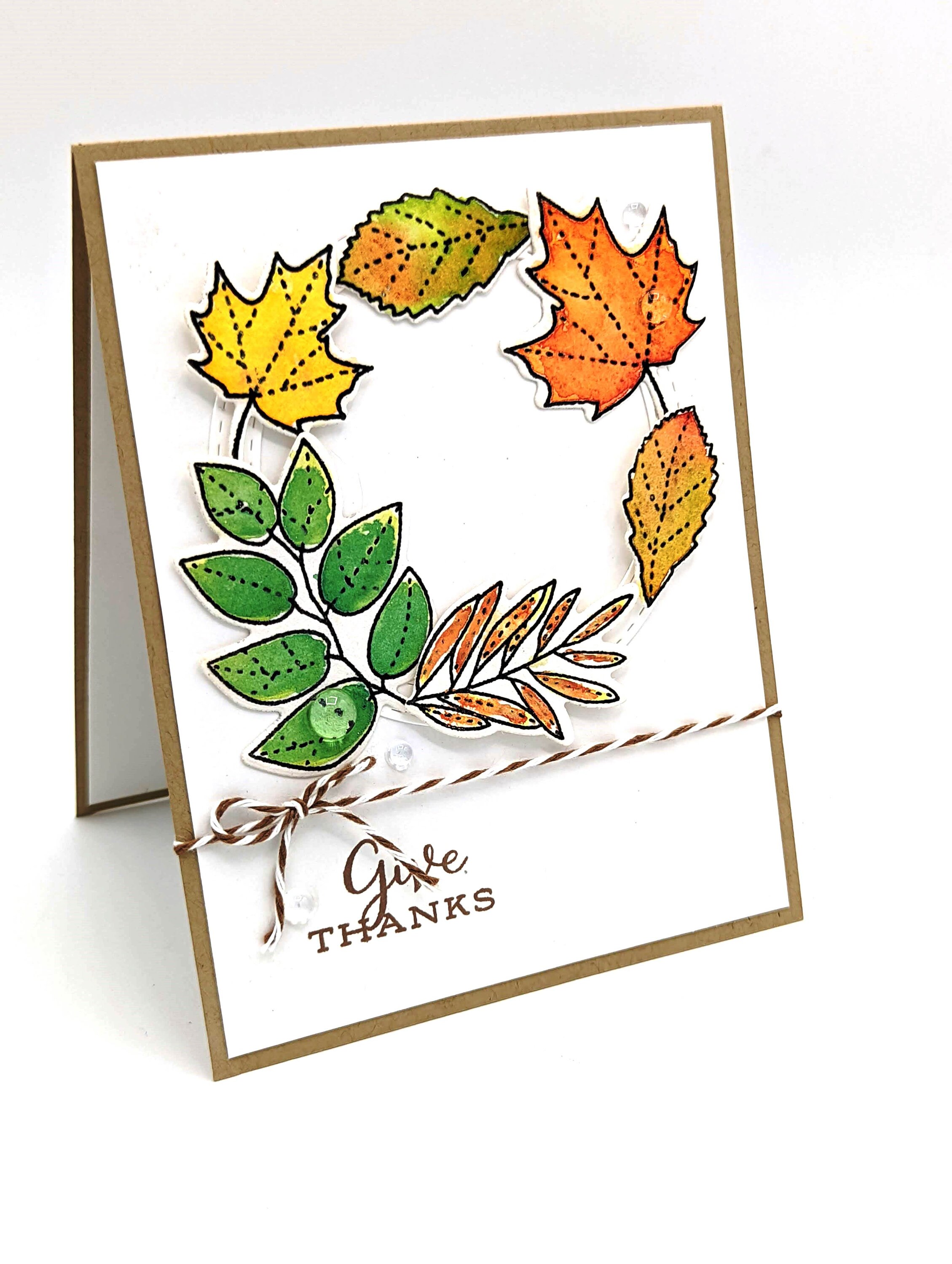 Autumn Leaves Wreath Card, Give Thanks, Fall Colors Watercolor Blank ...