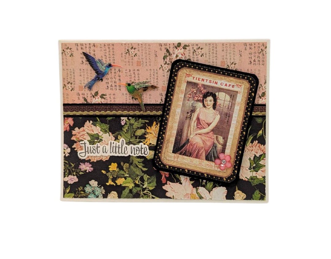 Asian Theme Collage Card, Hummingbirds, Pink Cherry Blossom ...