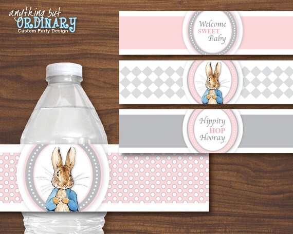 Peter Rabbit Water Bottle Labels in Pink and Gray Printable | Etsy