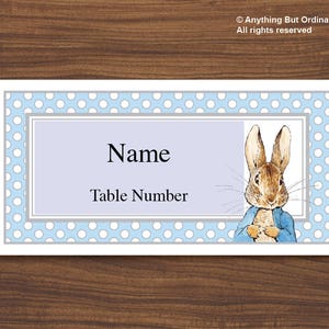 Printable Peter Rabbit Place Cards, Gray and Blue Editable Name Cards ...