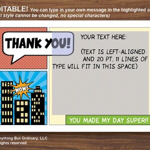 Superhero Thank You Card, Flat Card, EDITABLE Thankyou Note, INSTANT ...