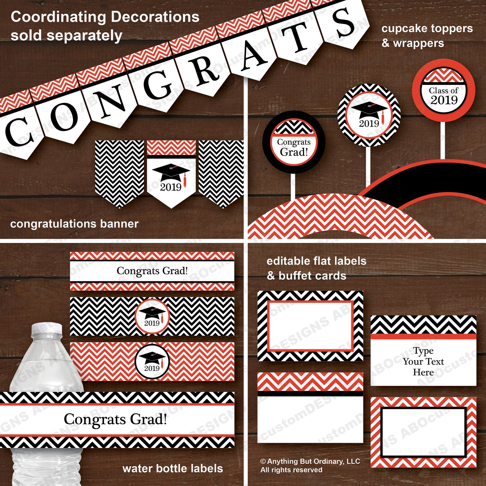 Printable Red and Black Label Cards Editable Chevron Favor - Etsy