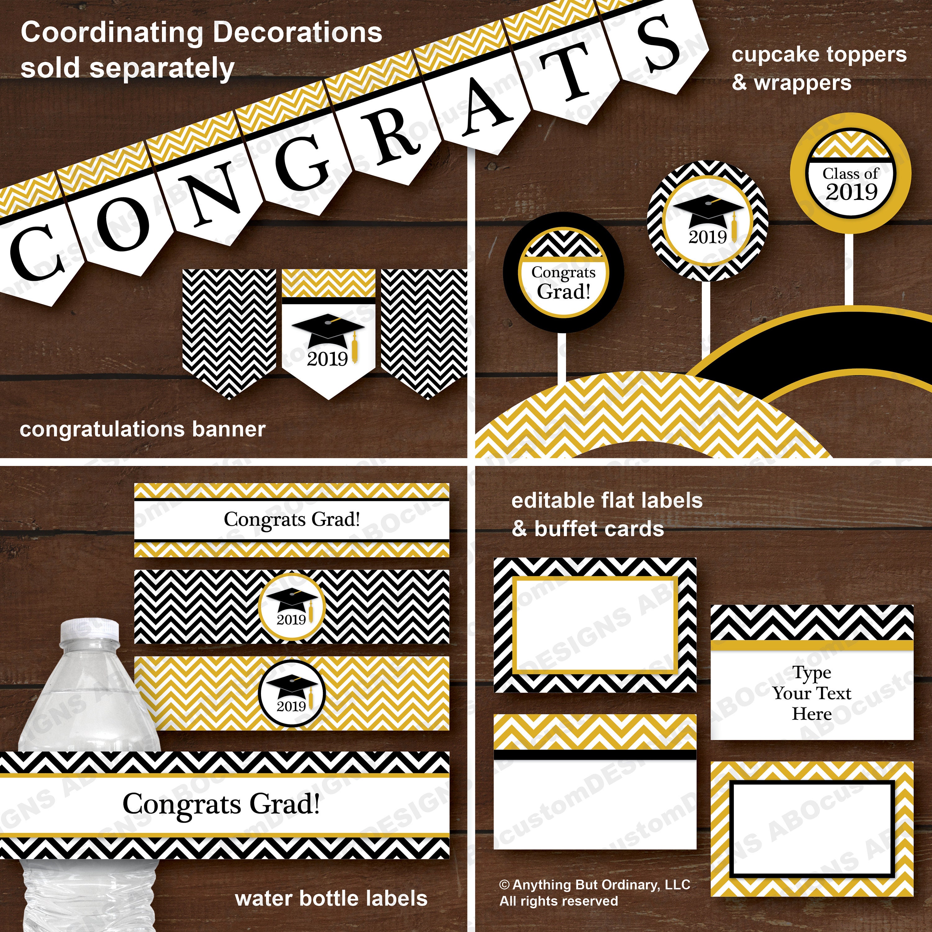 Printable Gold and Black Label Cards Editable Chevron Favor - Etsy