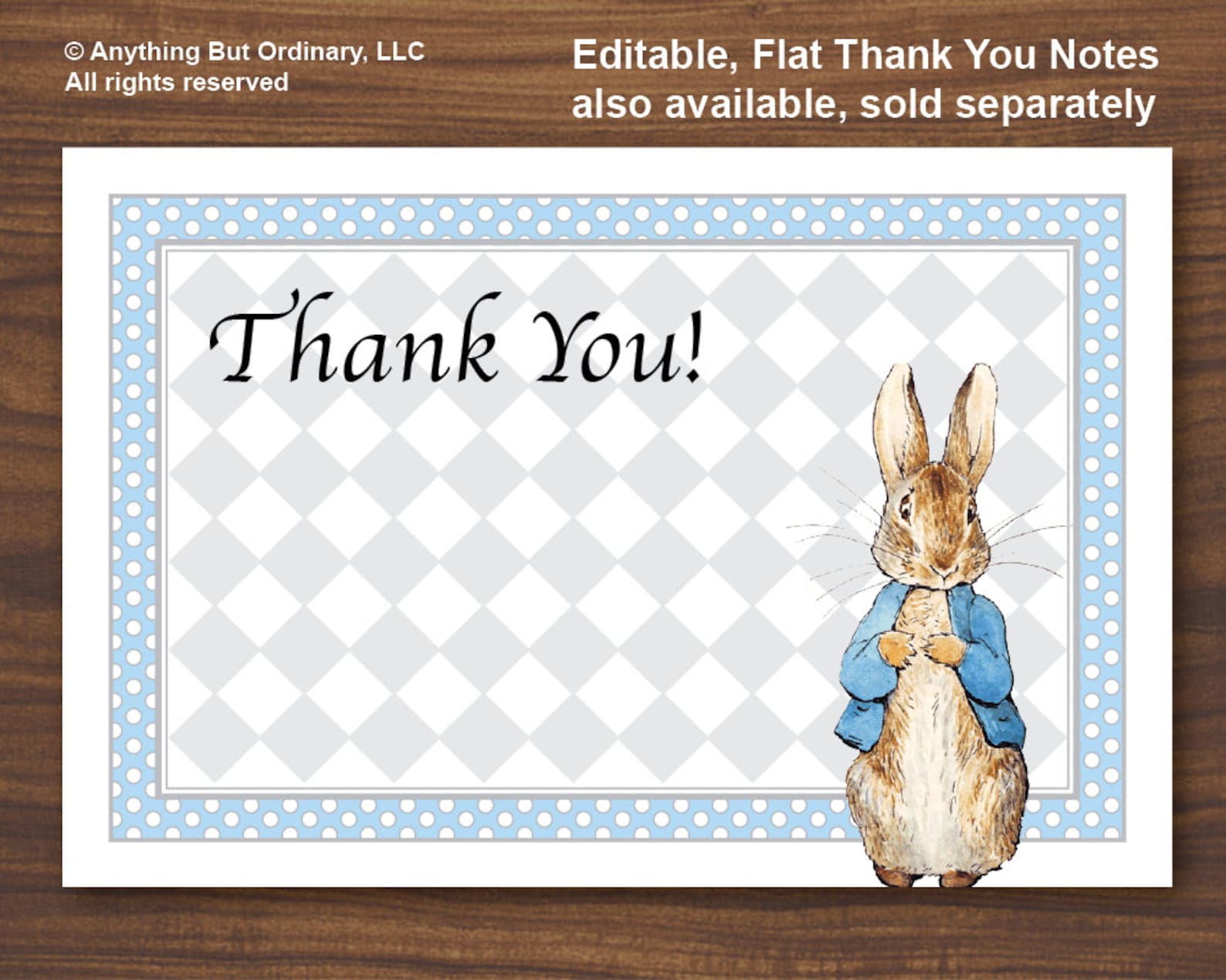 Peter Rabbit Thank You Card Printable Folded Thank You Blue - Etsy UK