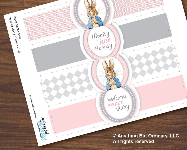 Peter Rabbit Water Bottle Labels in Pink and Gray Printable | Etsy
