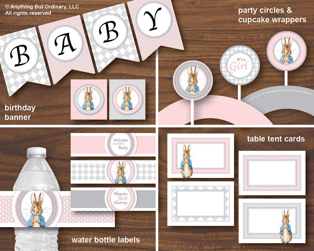 Peter Rabbit Baby Shower Decoration Package in Pink and Gray, DIY ...