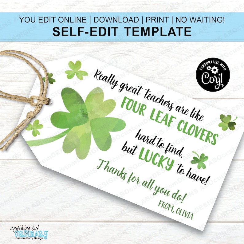 EDITABLE Four Leaf Clover Tags | Printable Lucky Clover Favor Tags ...