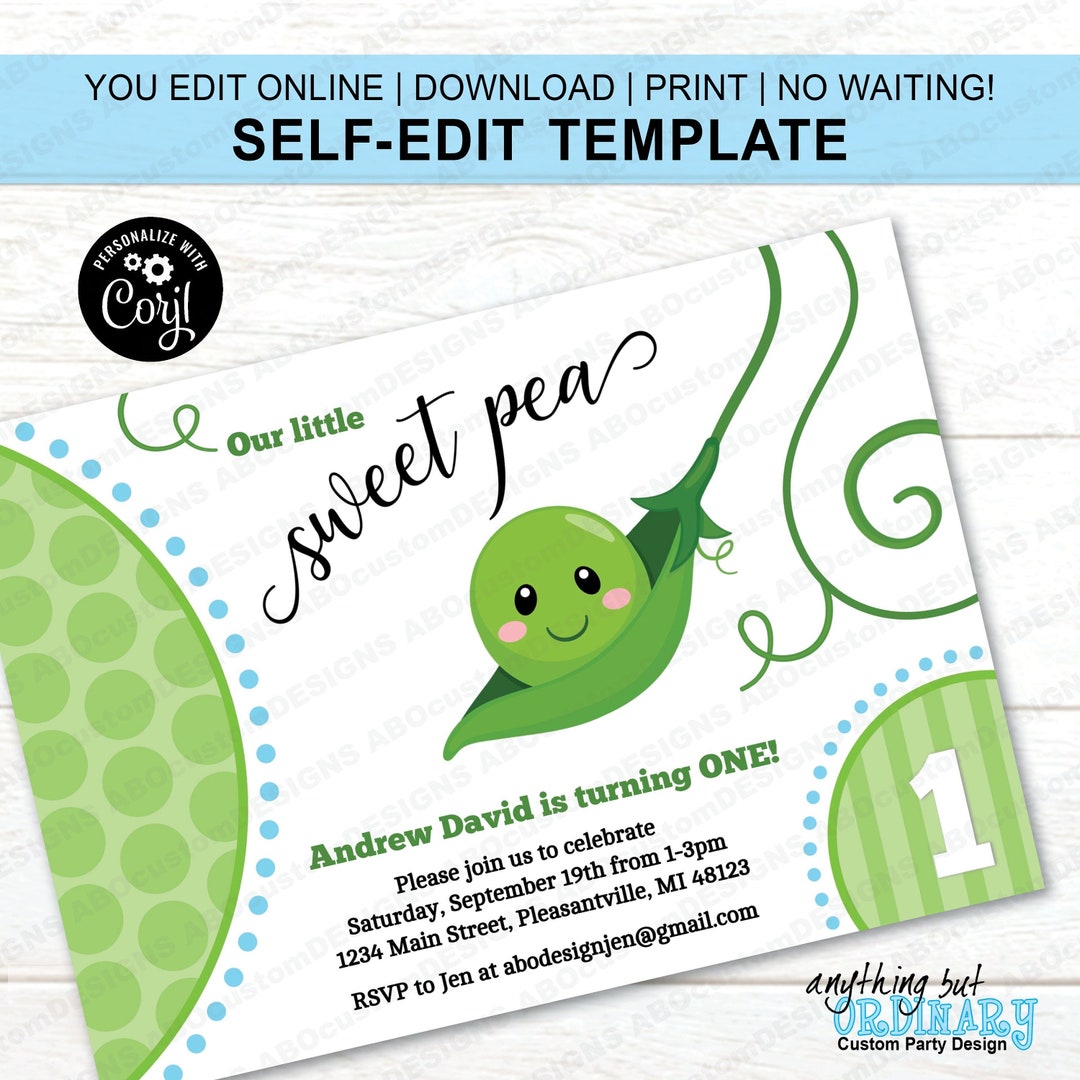 EDITABLE Boy Sweet Pea Birthday Invitations Printable Blue Sweet Pea ...