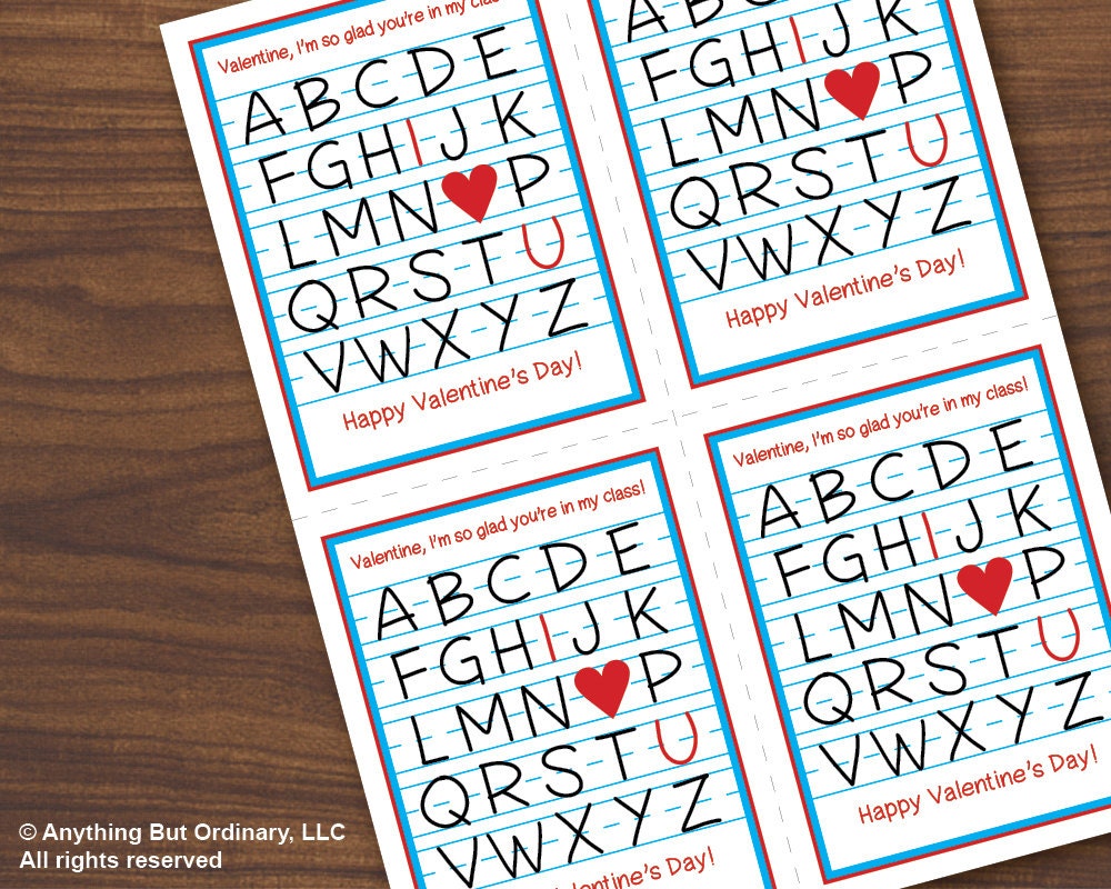 Alphabet Valentine Cards, Editable ABC, I Heart U Valentines, Printable ...