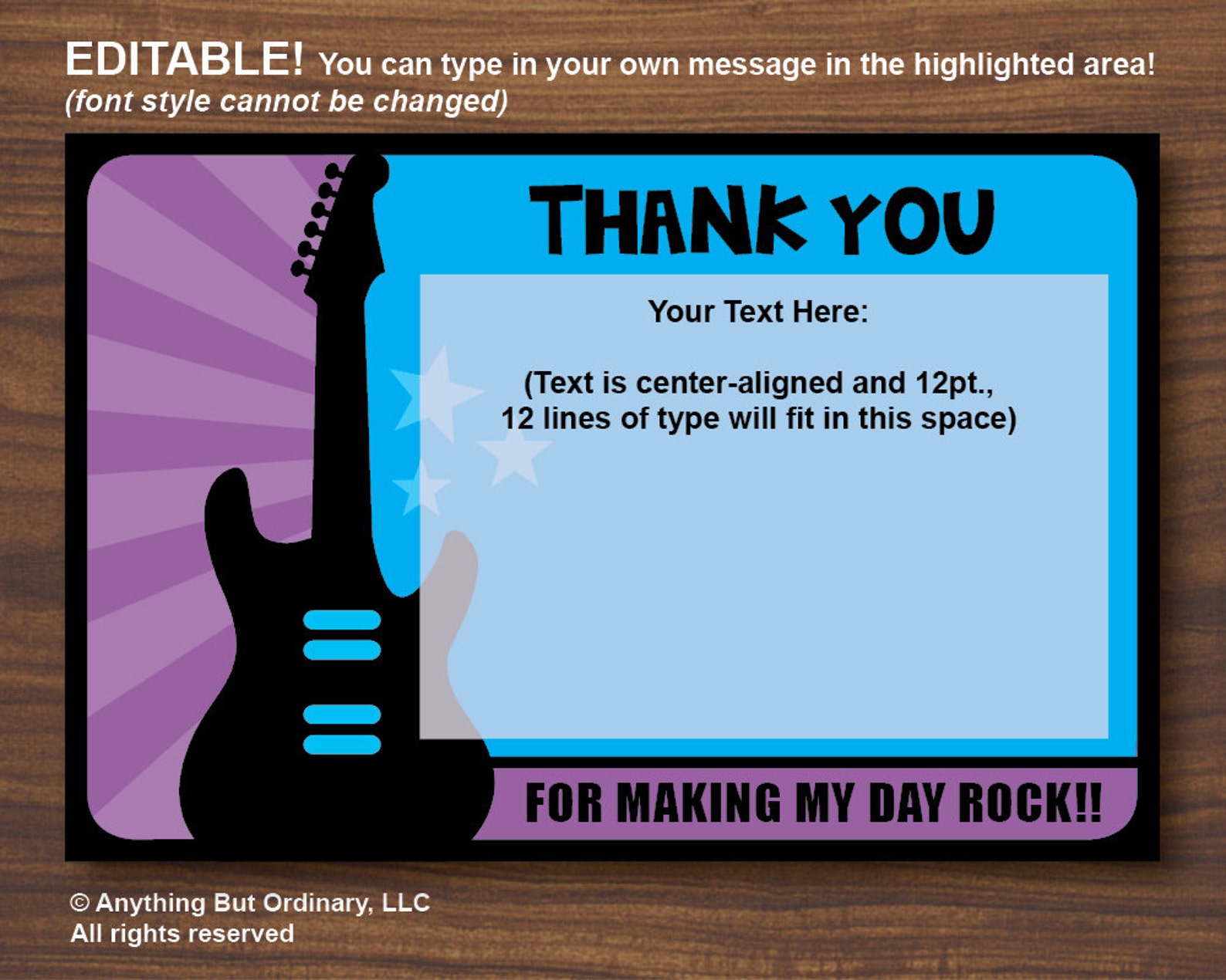 Rockstar Thank You Card Flat Card EDITABLE Thank You Note - Etsy