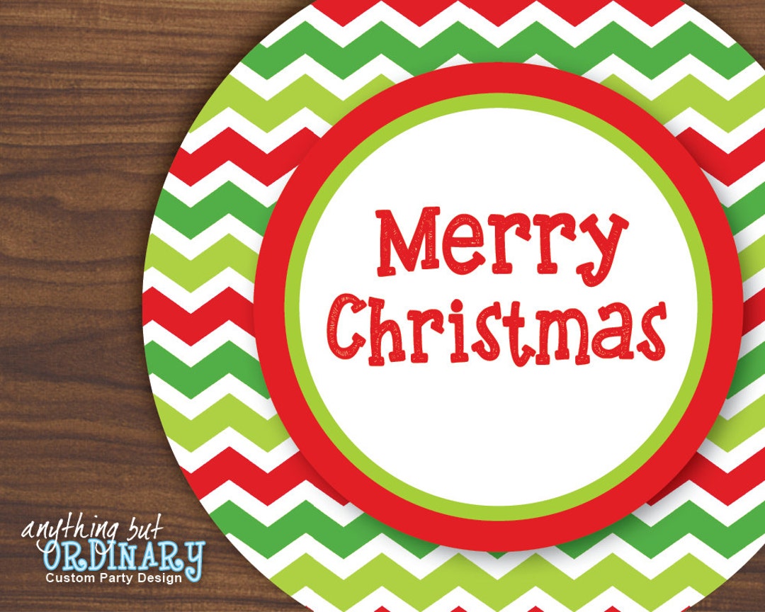 Merry Christmas Tags in Red and Green Chevron, Editable Circle Labels ...