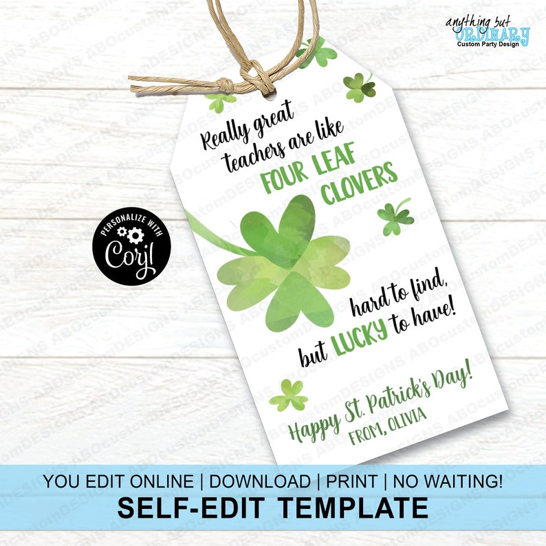 EDITABLE Four Leaf Clover Gift Tags Printable St. - Etsy