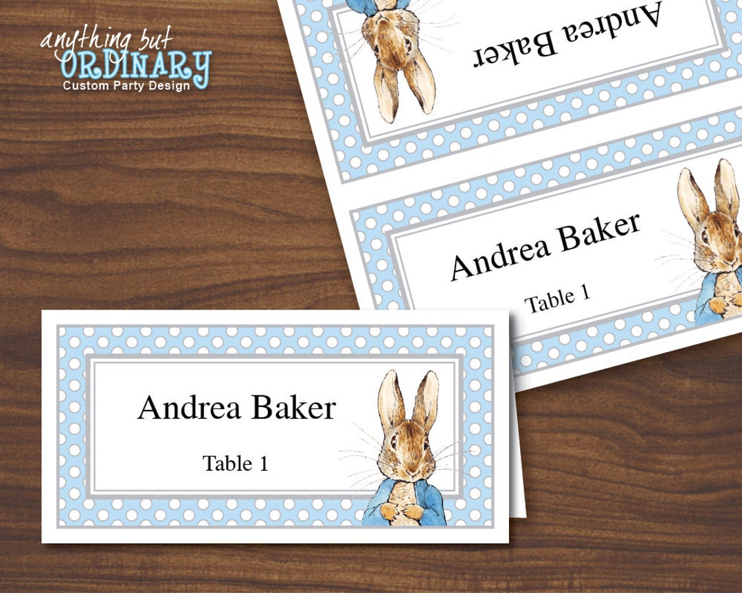 Printable Peter Rabbit Place Cards, Gray and Blue Editable Name Cards ...