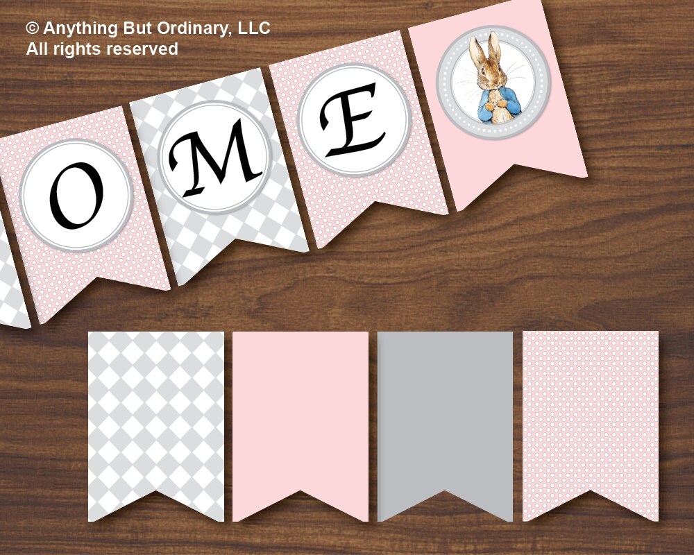 Peter Rabbit Welcome Baby Banner in pink and gray Printable | Etsy