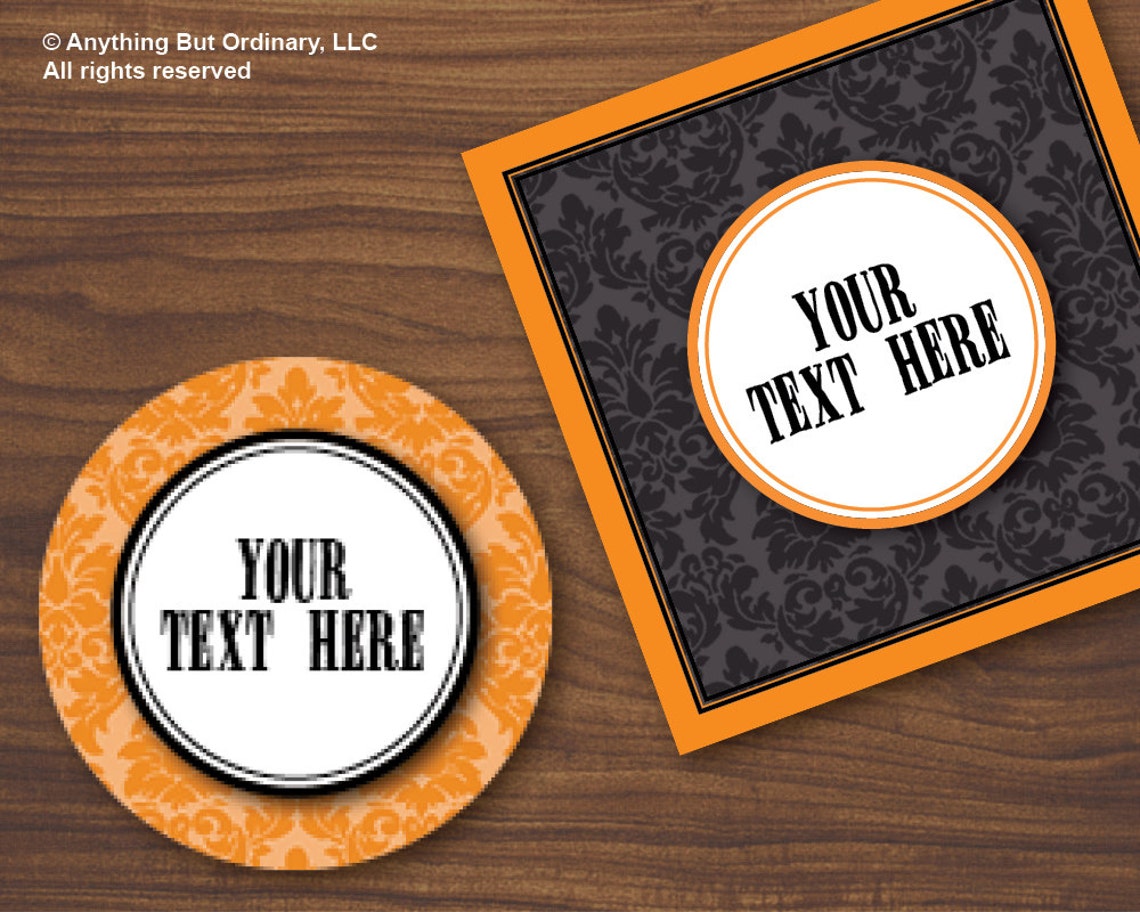 Editable Halloween Circle Labels Black and Orange Damask | Etsy