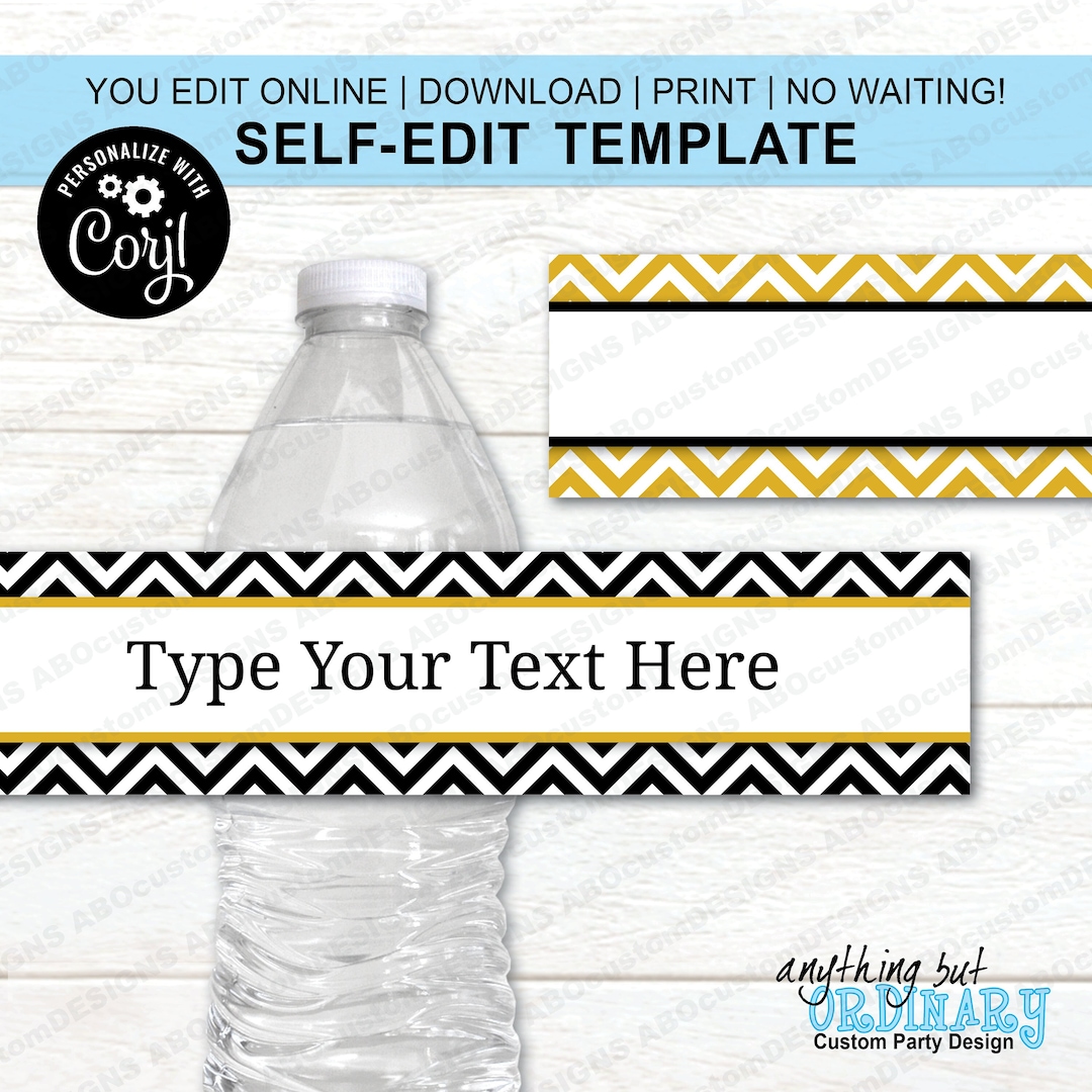 Printable Chevron Water Bottle Labels With Editable Text Area | Black ...