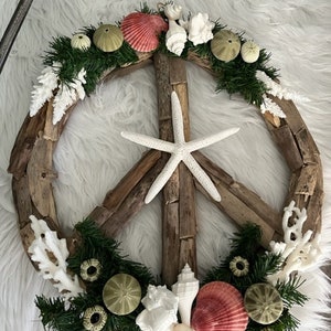 Beach Decor Driftwood Peace Sign Seashell Wreath - Starfish and Shell ...
