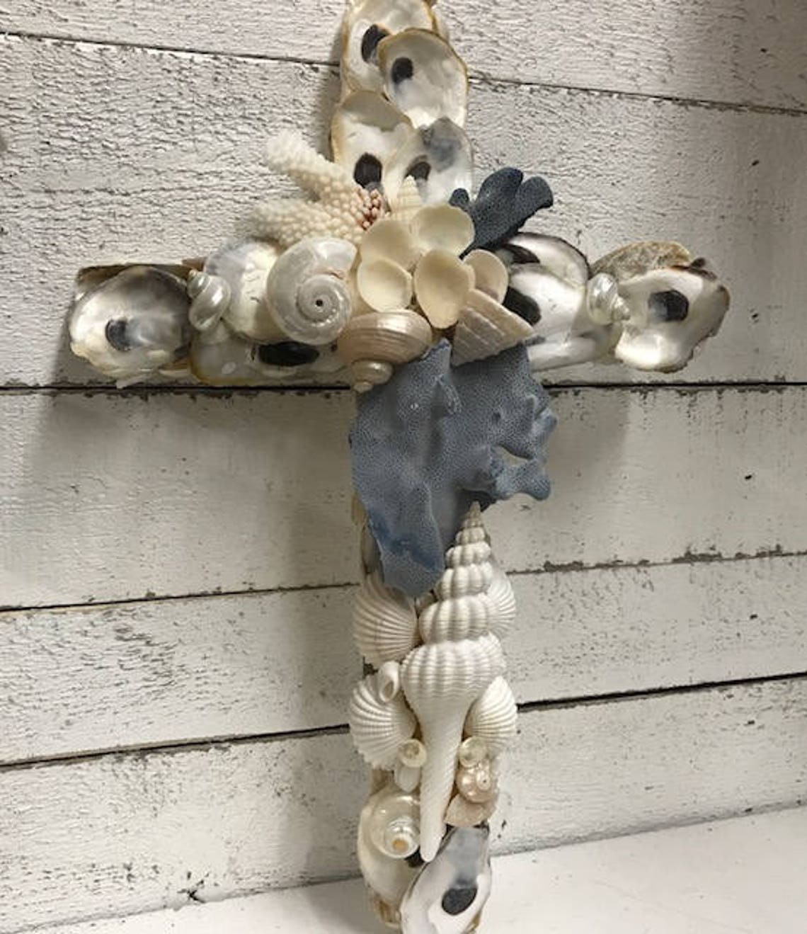 Oyster Shell Cross Embellished With Natural White & Blue Coral | Etsy