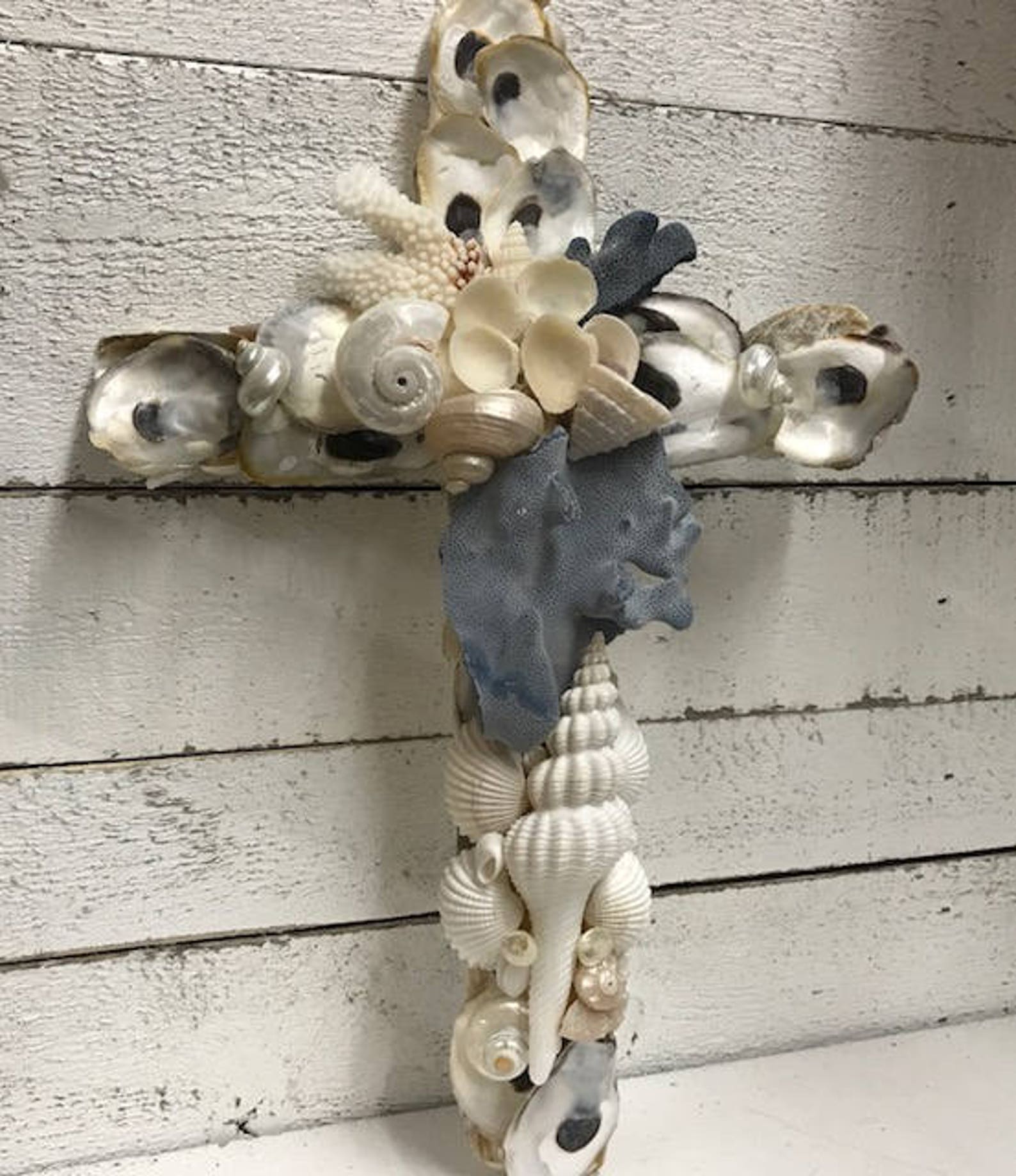Oyster Shell Cross Embellished With Natural White & Blue Coral | Etsy