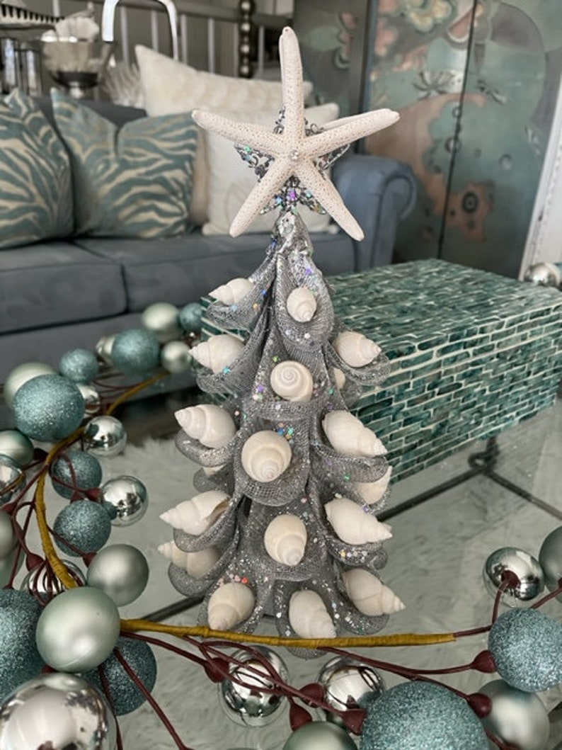 Beach Decor Coastal Christmas Tree - Embellished Silver Seashell and ...