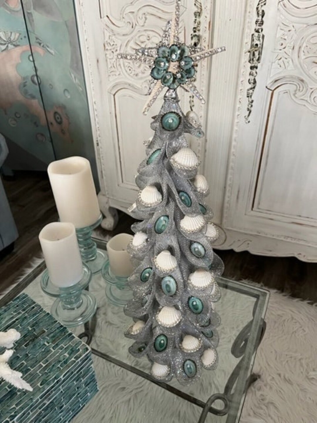 Beach Decor Coastal Christmas Tree - Swarovski Embellished White Ark ...