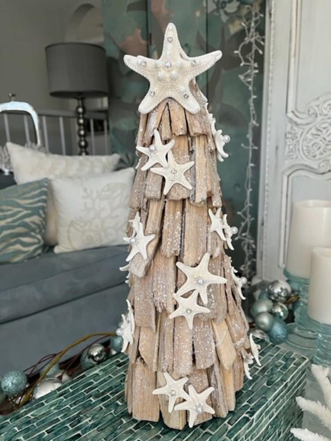 Driftwood Christmas Tree Knobby Starfish Xmas Tree Seasonal Decor Beach ...