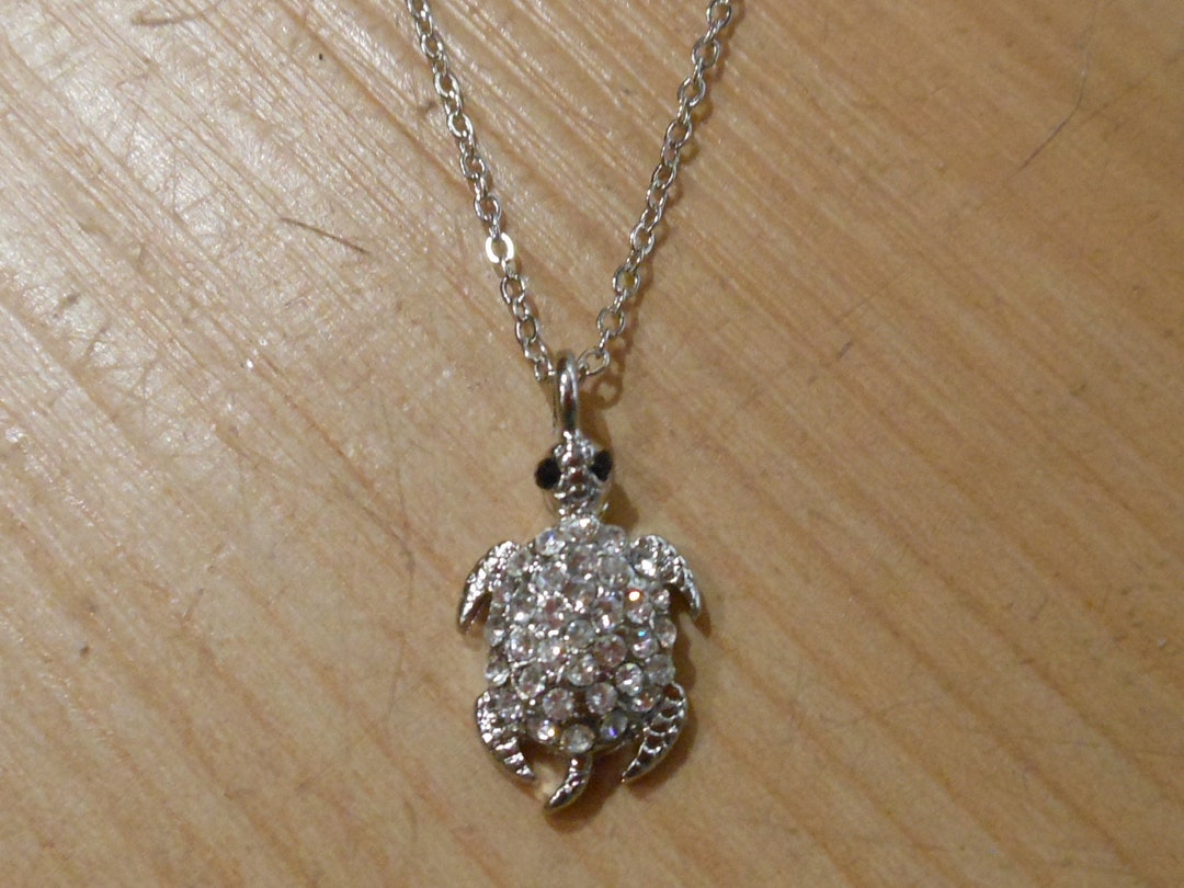 Turtle Necklace - Tiny Silver Sea Turtle Necklace - Rhinestone Turtle ...