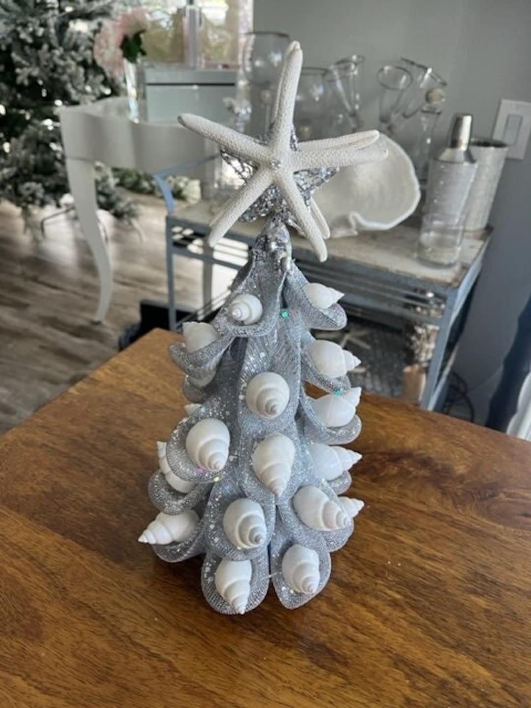 Beach Decor Coastal Christmas Tree - Embellished Silver Seashell and ...