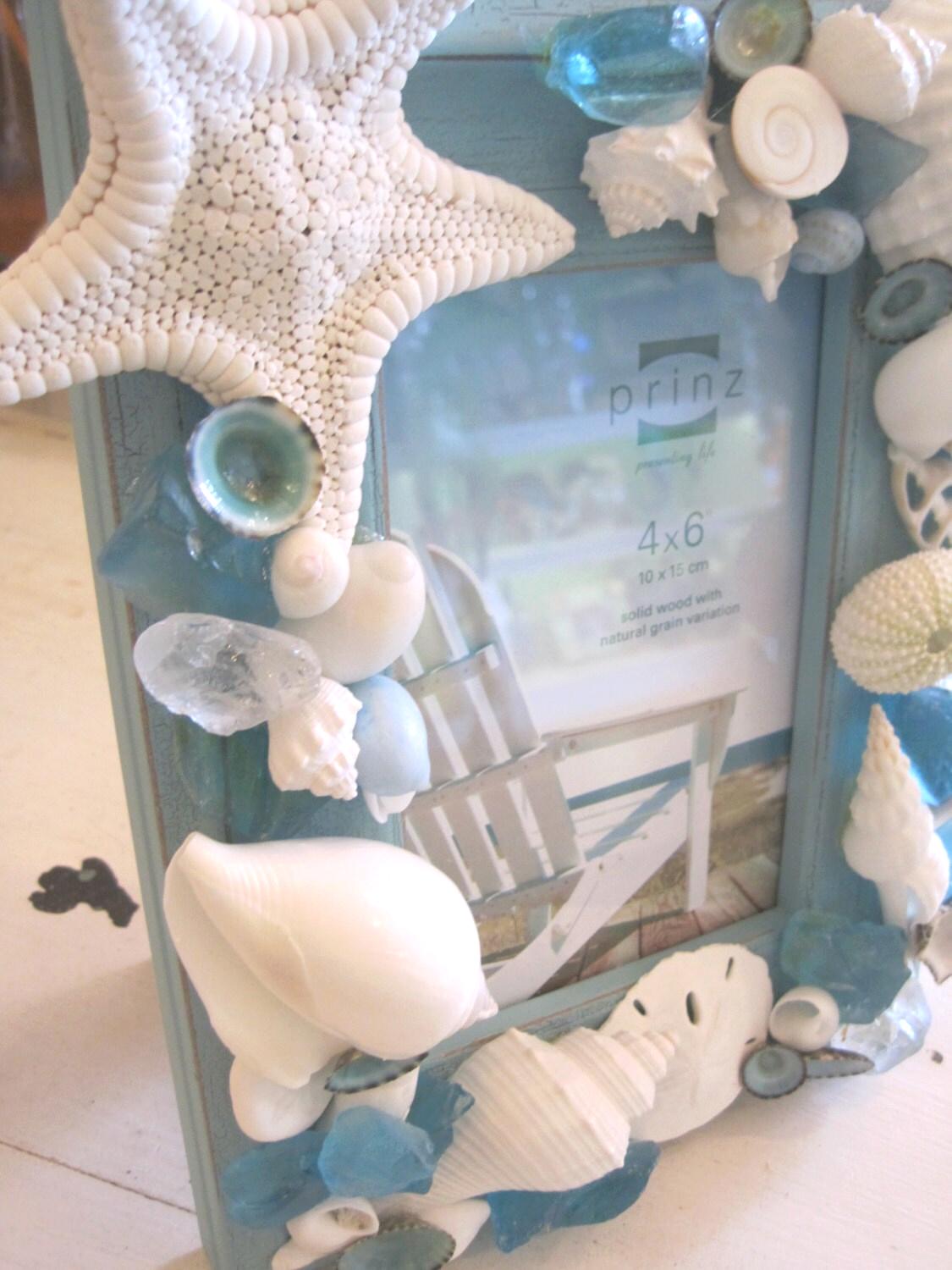 Beach Decor Seashell Picture Frame - Starfish and Seashell Frame - Blue ...